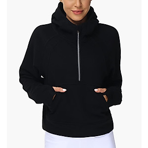 THE GYM PEOPLE Women’s Hoodies Half Zip Long Sleeve Fleece Crop Pullover Sweatshirts with Pockets Thumb Hole Black
