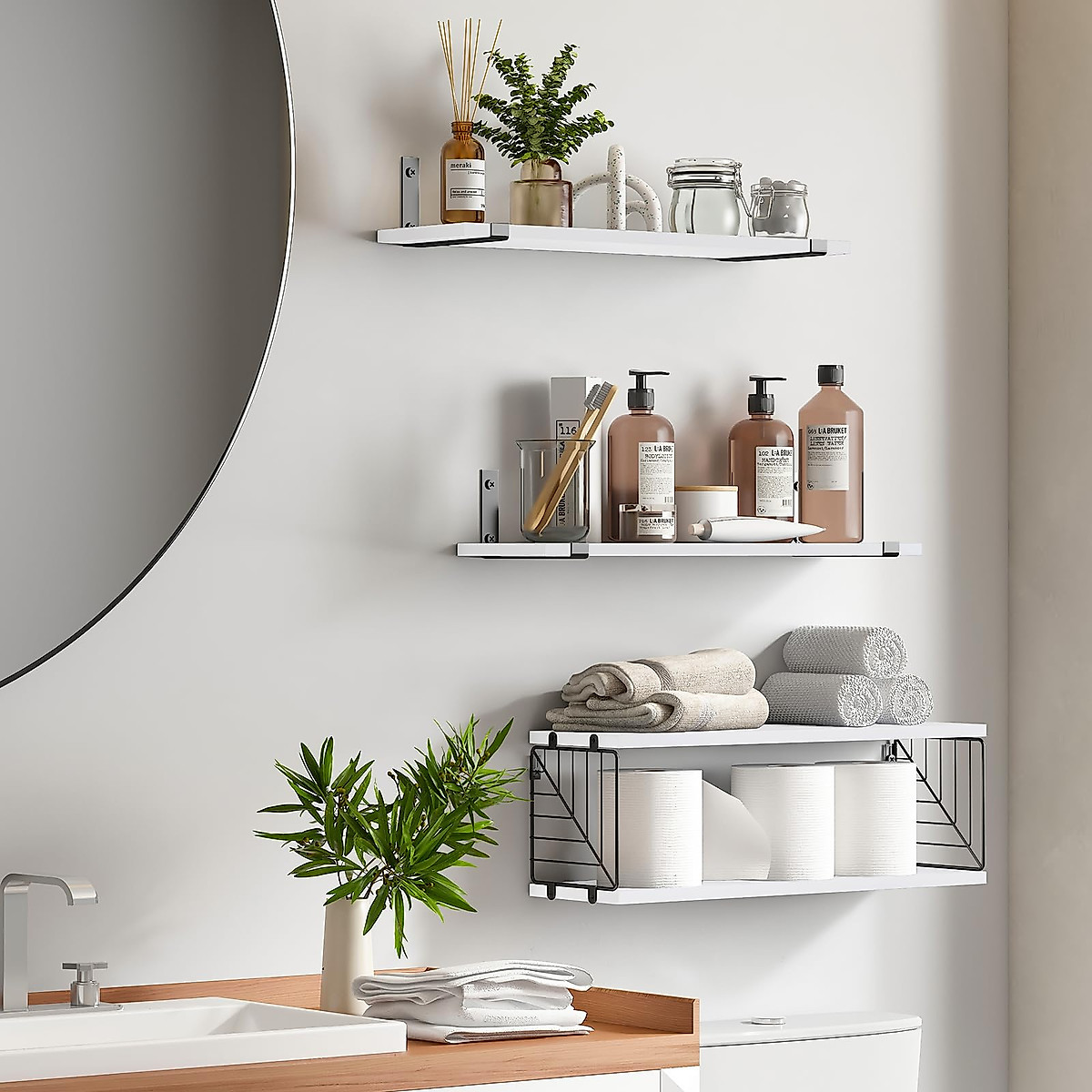 Fixwal 3+1 Tier Bathroom Floating Shelves Over Toilet, 15.8in Farmhouse Rustic Wood Shelves, Wall Decor for Bathroom, Living Room,Bedroom and Kitchen (White)