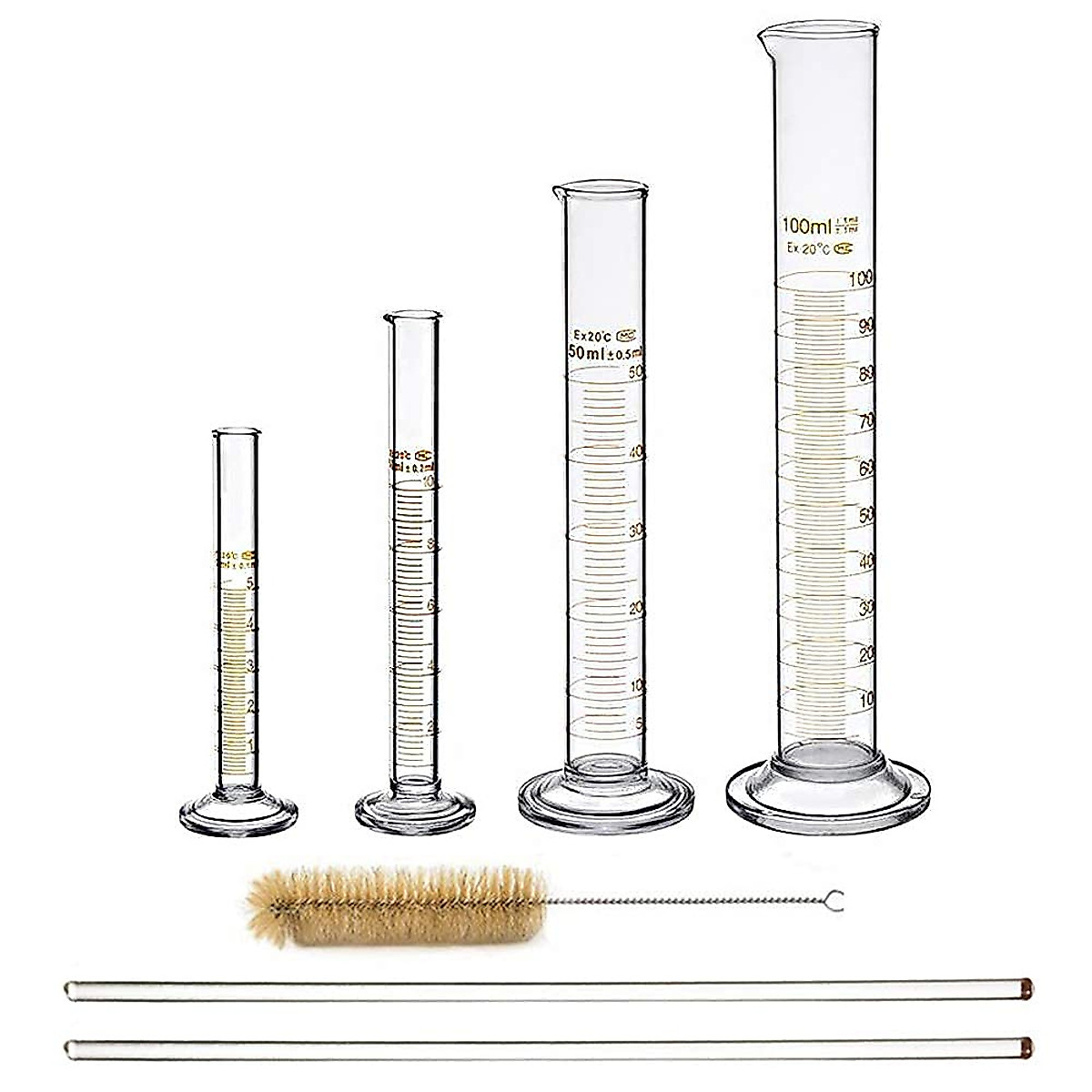 Glass Flask Erlenmeyer Flask Set Narrow Mouth 2000ml Glass Graduated Cylinder Set Thick Measuring Cylinders 5ml 10 ml 50ml 100ml with 2 Glass Stirring Rod and 1 Brush