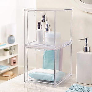 STORi Audrey Stackable Clear Plastic Organizer Drawers | 2 Piece Set | 6.75-Inches Tall | Organize Cosmetics and Beauty Supplies on a Vanity | Made in USA