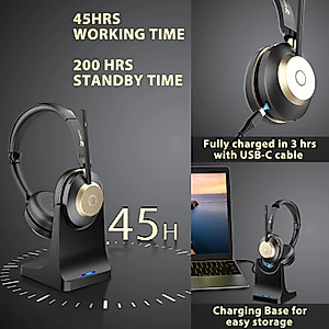 Earbay Bluetooth Headset, Wireless Headset with Microphone for PC, Wireless Headphones with Mic Noise Cancelling/Mute/Charging Dock/USB Dongle, 45hrs Dual Connect Computer Phones Teams Skype Zoom