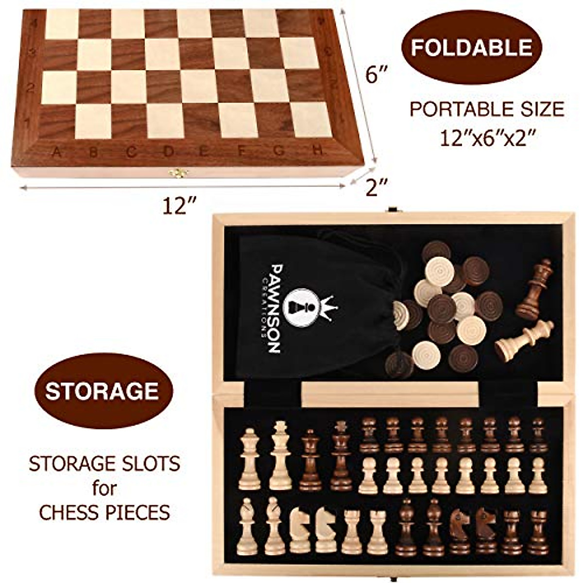Magnetic Wooden Chess Checkers Set for Kids and Adults - 12 in Staunton Chess Set - Travel Portable Folding Chess Board Game Sets - Storage for Wood Pieces - 2 Extra Queens