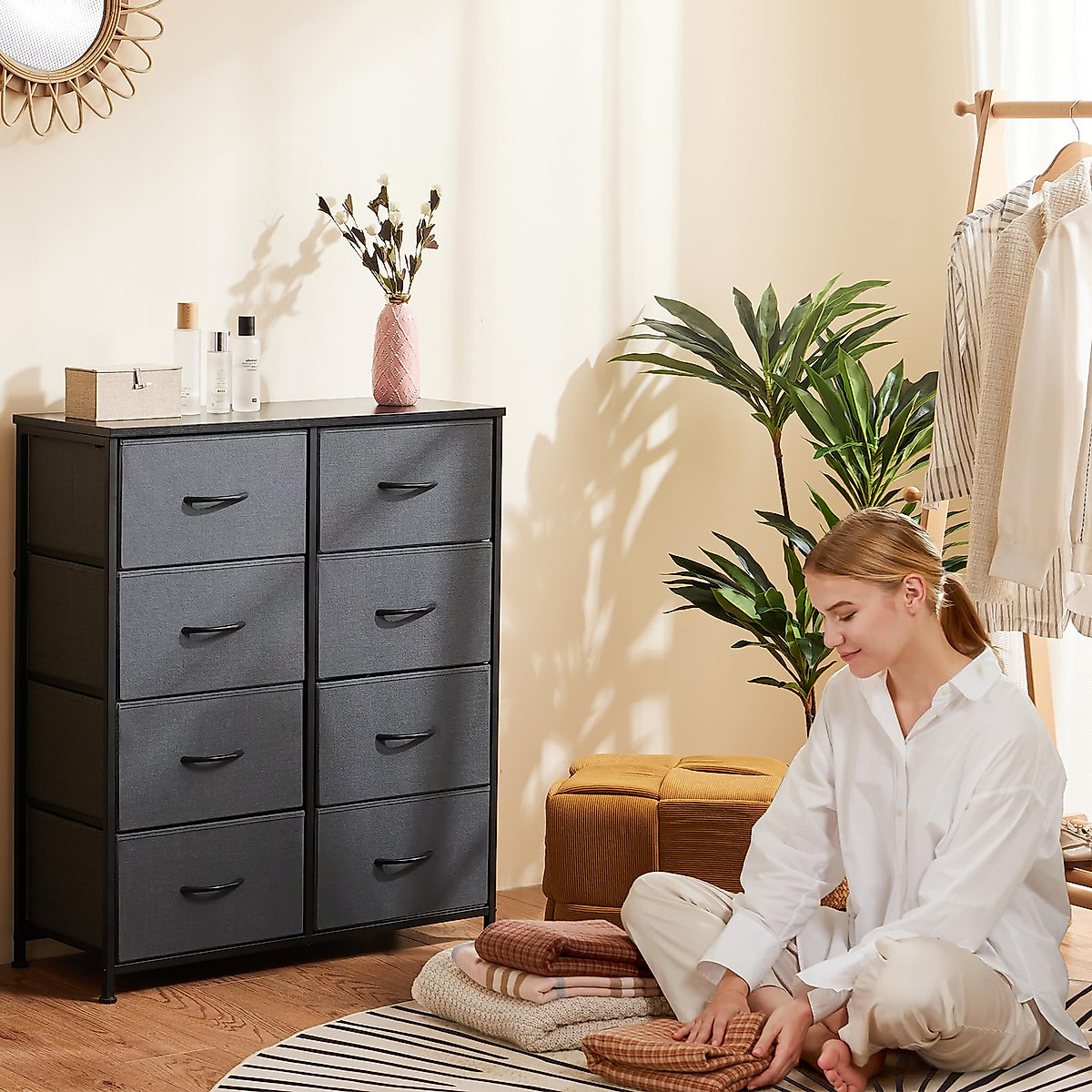 Sweetcrispy 8 Drawers Dresser for Bedroom, Kidsroom Furniture, Tall Chest Tower, Storage Organizer Units for Clothing, Closet, Fabric Bins, Wood Top, Steel Frame, Lightweight, Assemble Tools Include