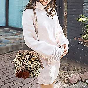 Van Caro Women’s Faux Fur Drawstring Bucket Bag Shoulder Crossbody Bag, Leopard Brown