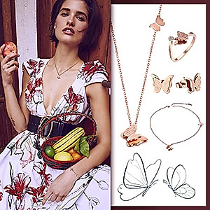 VNOX Butterfly Matte Finish Rose Gold Plated Stainless Steel Bracelet Ring Necklace and Stud Earrings Jewelry Set for Women Teen Girls
