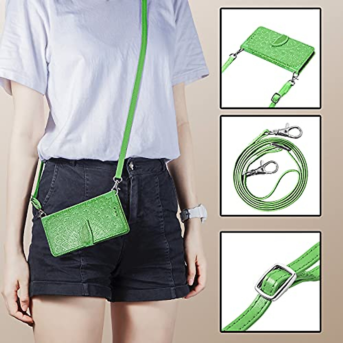 ONV Wallet Case for Oppo Reno 7 SE -1.5M Adjustable Strap Emboss Feather Flip Phone Case Card Slot Magnet Leather Shell Flip Stand Cover for Oppo Reno 7 SE [MZY] -Green