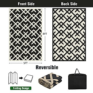 Reversible Mats - Plastic Straw Rug, Outdoor Rug for Patio Clearance Decor, Modern Area Rugs, Floor Mat for Outdoors, RV, Backyard, Deck, Picnic, Beach, Trailer, Camping, Black & Beige, 5' x 8'