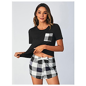 SOLY HUX Women's Short Sleeve Tee Top and Plaid Shorts Lounge Pajama Set Sleepwear Black White S