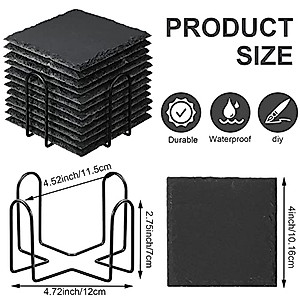 24 Pieces Black Slate Coasters with Holder Square Stone Coasters for Drinks 4 x 4 Inch Rustic Handmade Bar Coasters Set with Anti Scratch Bottom for Coffee Table Kitchen Home