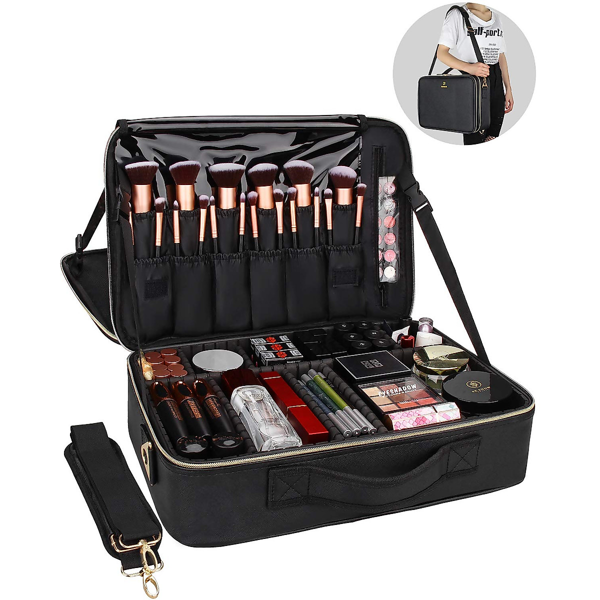 Relavel Makeup Case Large Makeup Bag Professional Train Case 16.5 inches Travel Cosmetic Organizer Brush Holder Waterproof Makeup Artist Storage Box, 3 Layer Large Capacity, with Adjustable Strap