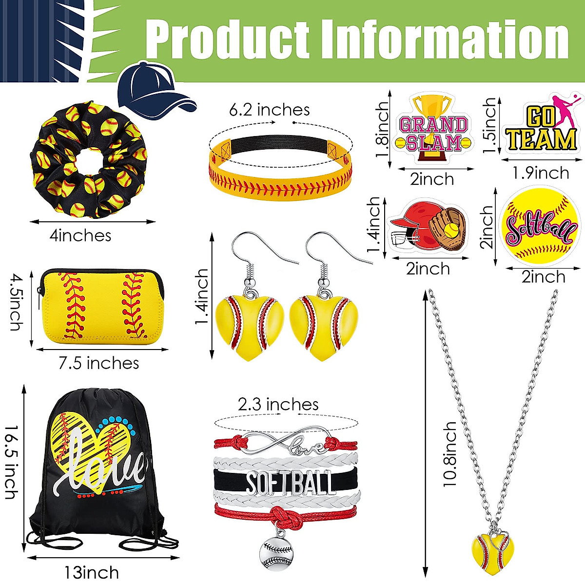 MTLEE 127 Pcs Softball Gifts for Girl Accessories Set Softball Headband Scrunchies Softball Bracelet Necklace Earrings Softball Drawstring Bag Makeup Bag Sports and 120 Pcs Stickers for Women Costume