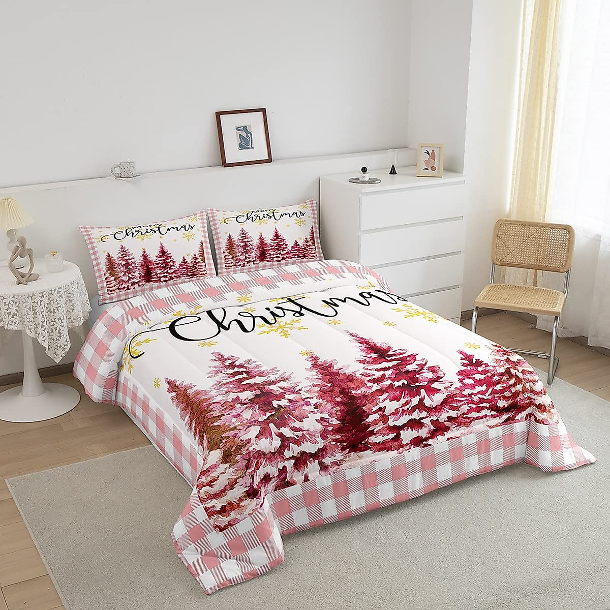 Erosebridal Merry Christmas Bedding Full Xmas Comforter Set for Kids Boys Girls Bedroom Cute Kawaii Bedding Comforter Sets Pink Grid Checkered Duvet Insert Happy New Year Holiday Quilted Comforter