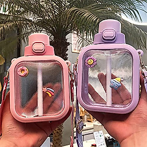 Kawaii Water Bottle for Girls Cute Water Bottles with Straw, Portable Leak Proof Square Kawaii Water Bottle with Stickers and Adjustable Strap - for Outdoor Sports Travel, BPA-Free, 24oz (Purple)