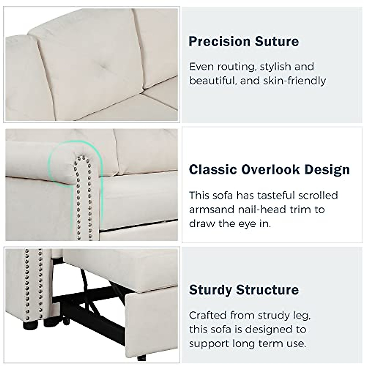 FANYE Convertible Sectional Sofa with Pull Out Sleeper Couch Bed and Reversible Storage Chaise, L-Shaped 3 Seater Corner Sofa&Couch W/Tufted Back for Home Office Apartment Living Room, Beige 83"