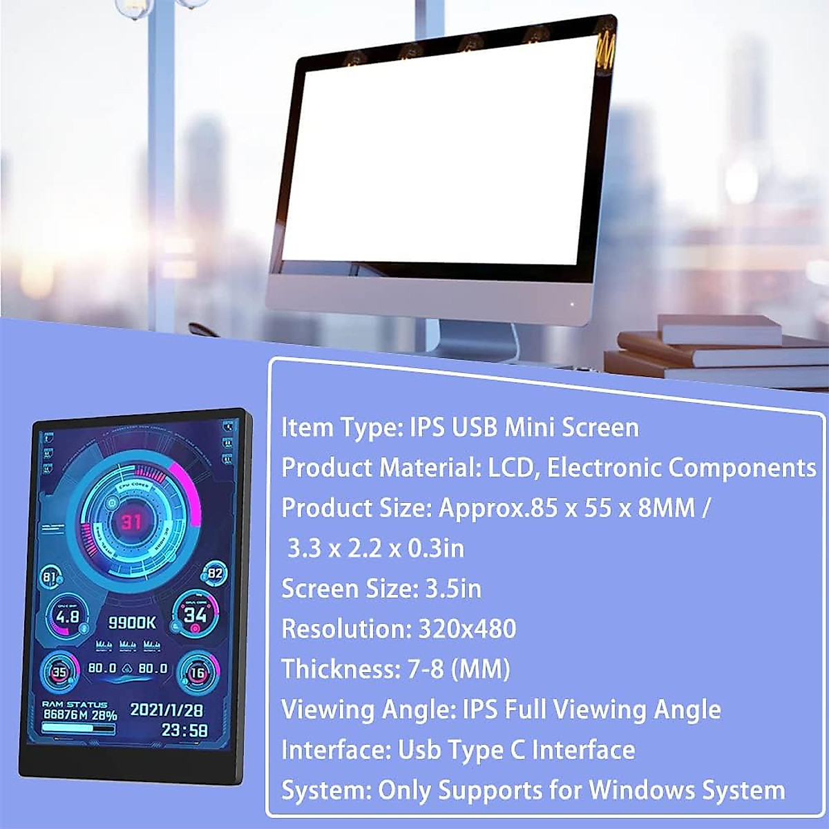 GOWENIC 3.5in Mini IPS Screen, Portable USB C AIDA64 CPU RAM Data Monitor Computer Temperature Display PC Sensor Panel Display, 360° Rotation, Only Support for Windows System