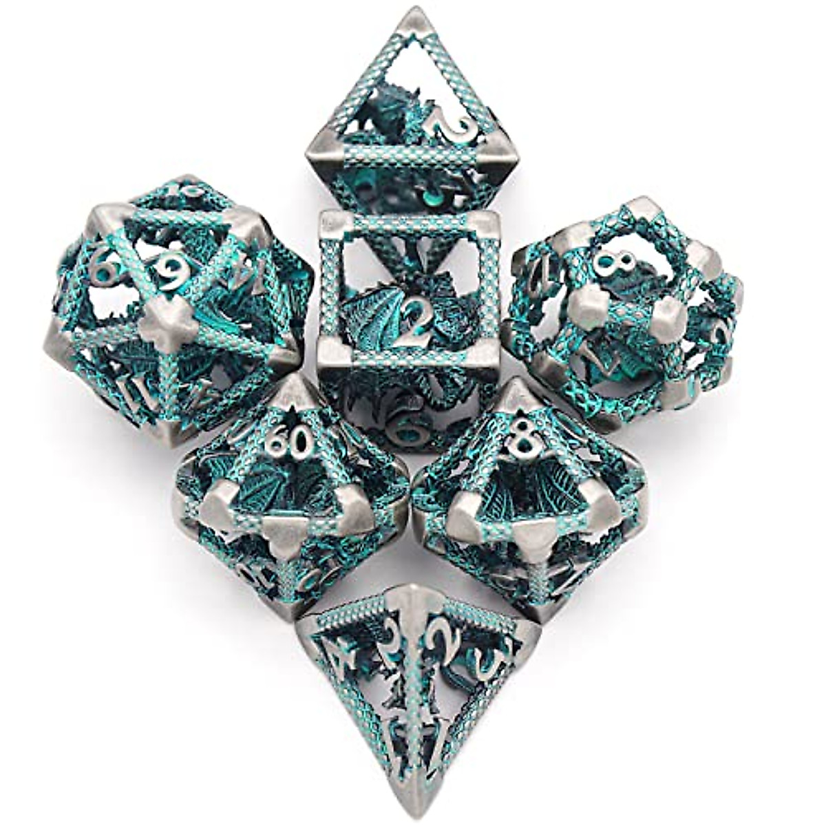 D&D Hollow Metal Polyhedral Dice Set for RPG and Tabletop Games - 3D Silver Blue