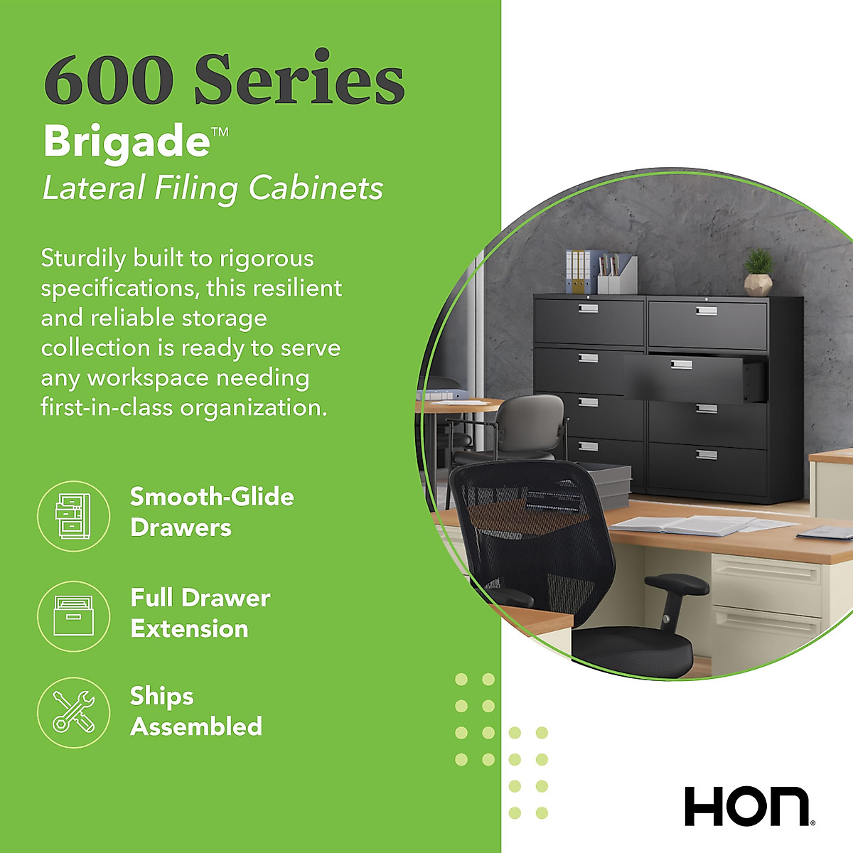 HON Adjustable Hangrails for A4, Legal, Letter Files Lock-600 Series Lateral Office Storage Locking Metal Cabinet 36" W x 18" D, 4 Drawers, Black