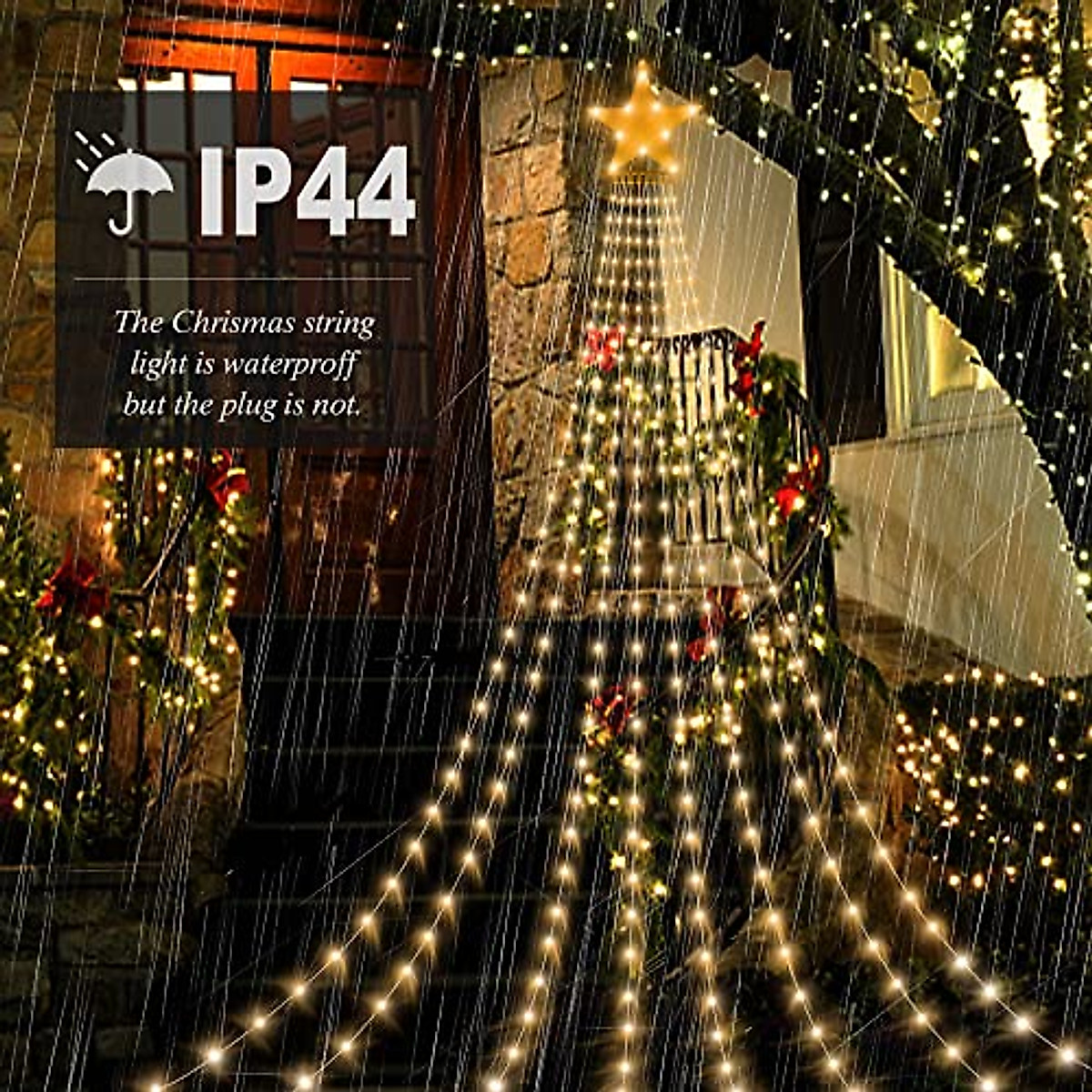 Ghope 298 LED 11.5ft Christmas Decorations Waterfall Lights，8 Modes Timer IP44 Waterproof Christmas Light，Tree Lights with Star Topper，Hanging Fairy Twinkle Lights for Holiday, Party, Wedding