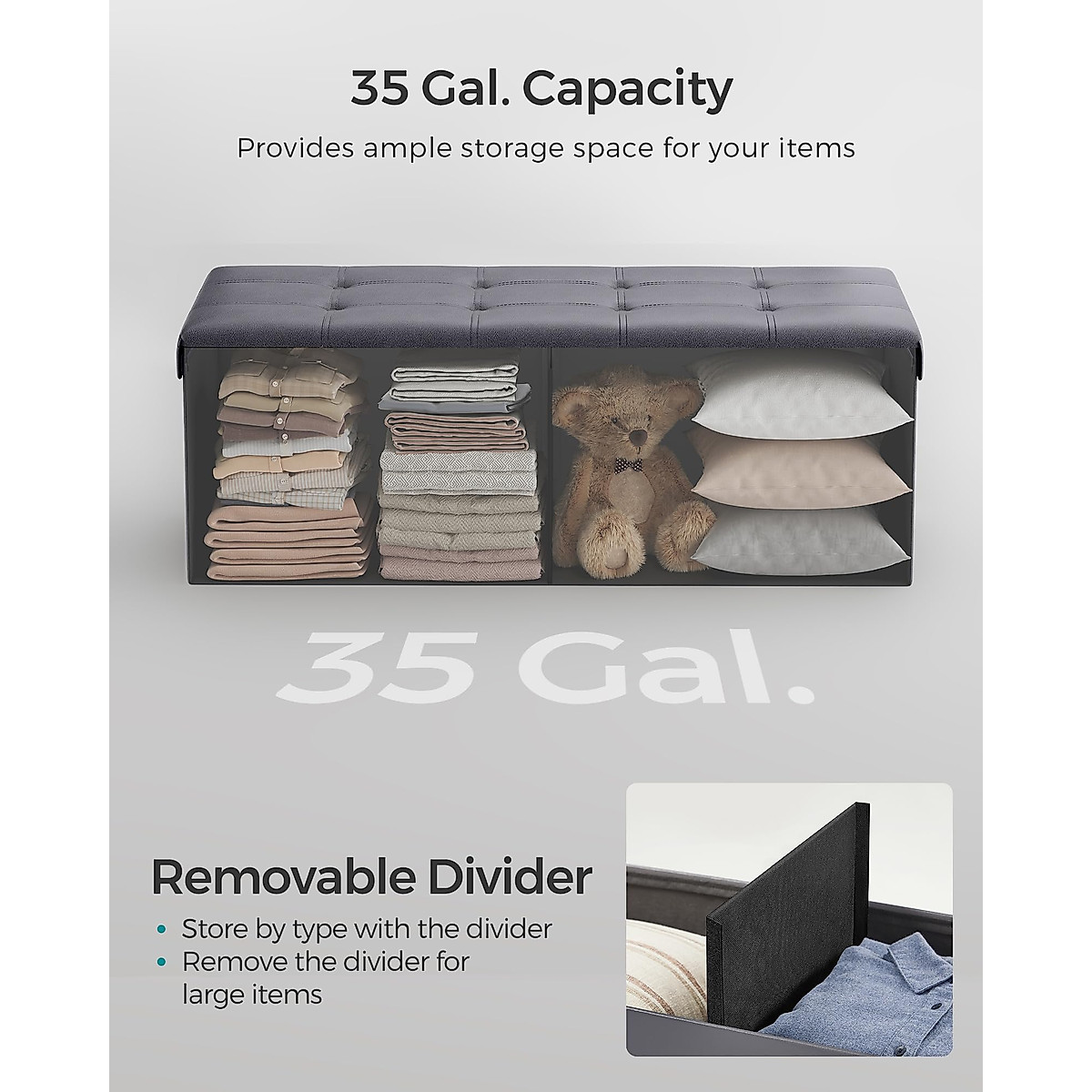 SONGMICS 43 Inches Folding Storage Ottoman Bench, Storage Chest, Footrest, Coffee Table, Padded Seat, Faux Leather, Holds up to 660 lb, Dark Gray ULSF070G01