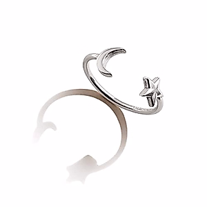 Alex and Ani Path of Symbols Adjustable Ring for Women, Moon and Star, 925 Sterling Silver, Fits Ring Sizes 6 to 9 (A16AR01S)