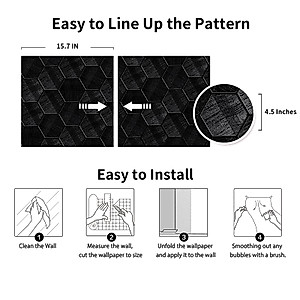 Self Adhesive Black Peel and Stick Wallpaper 3D Hexagon Geometric Embossed Contact Paper Removable Easy Peel Off Wallpaper Textured Wall Paper for Cabinet Bedroom, 15.7" X 118"