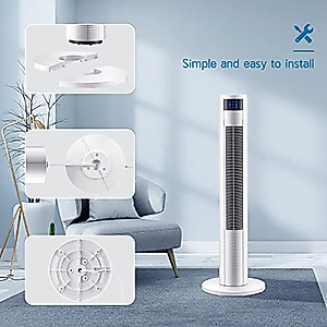AKIRES 35” 70° White Oscillating Tower Fan 7H Timer,3 Speeds,3 Modes,Portable Electric Quiet Cooling Fan Standing Bladeless Floor Fans with Remote and LED Display for Office,Bedroom, Living Room