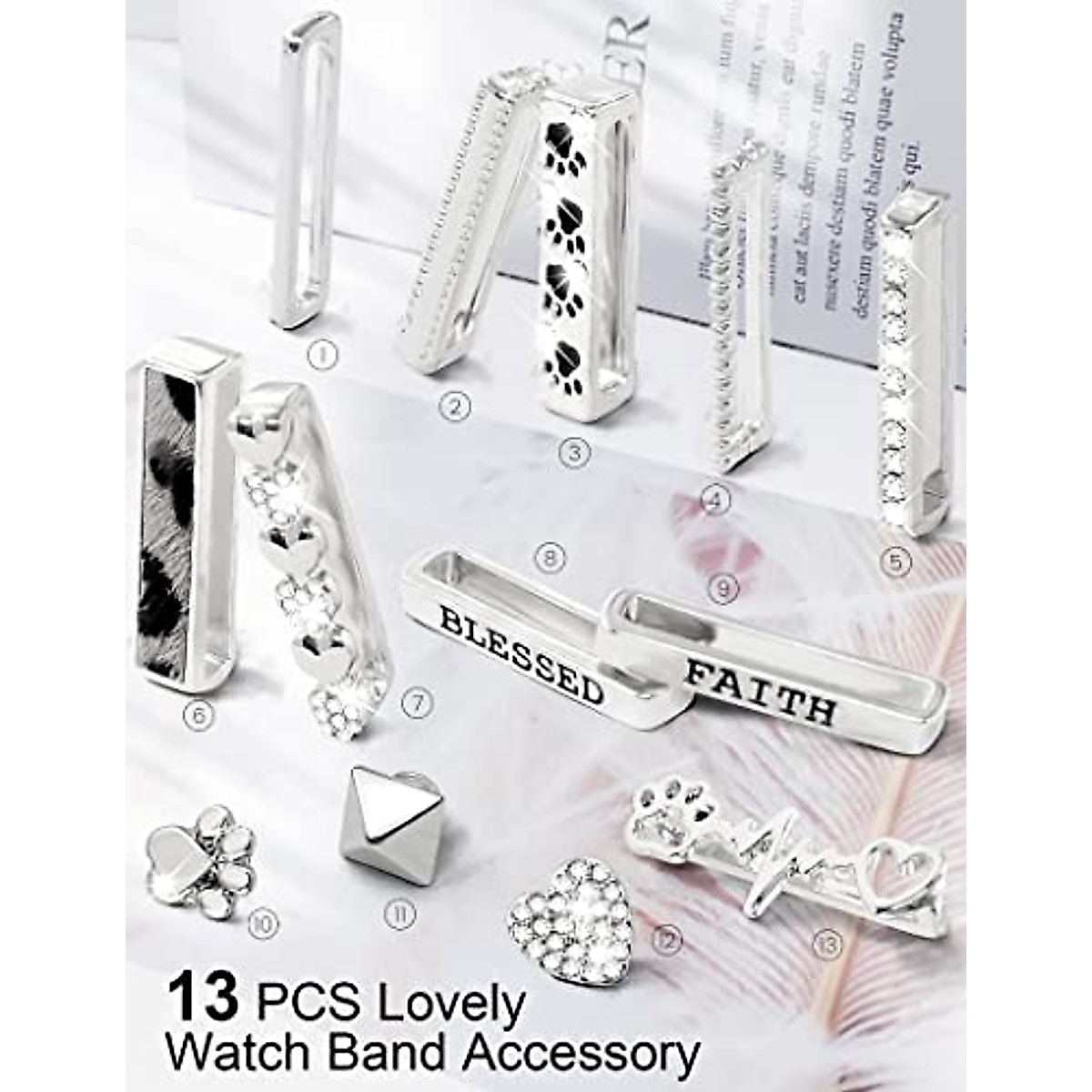 JR.DM 13 Pieces Silver Watch Band Charms with 10-Pcs Decorative Rings Loops & 3-Pcs Classic Clasp, Compatible with Apple Watch 38mm 40mm 41mm 42mm 44mm 45mm Metal Diamond Sliding Strap Accessories for iWatch Series 9 8 7 6 5 4 3 2 1 (No Watch Band)