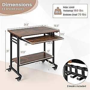 Tangkula Rolling Computer Desk Cart with Keyboard Tray, Mobile Portable Laptop PC Desk with CPU Stand & 3 Hooks for Sofa & Bed, Industrial Small Desk on Wheels for Small Spaces, Home Office Desk