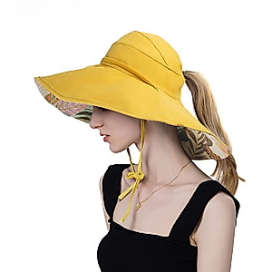 Koreshion Women Ponytail Sun Hat Reversible Fishing Hat Foldable Bowknot Summer Hat UPF 50+ Beach Cap Wide Brim Bucket Hat Yellow