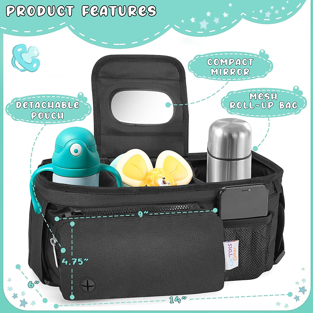 Baby Stroller Organizer - Stroller Caddy with Insulated Cup Holder attachment & Diaper Storage for On-The-Go Secure Straps, Detachable Bag, Pockets for Phone, Keys & Toys with Universal Design