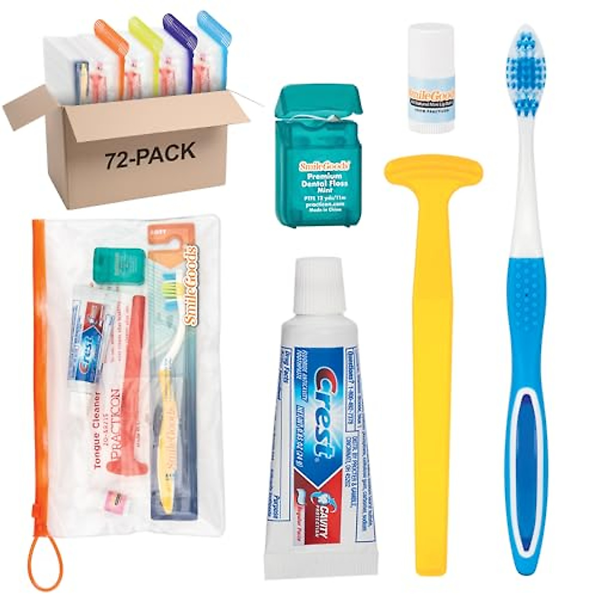 Practicon Smilegoods Adult Deluxe Dental Care Kit with Toothbrush, Toothpaste, Floss, Tongue Cleaner and Lip Balm, 72 pack