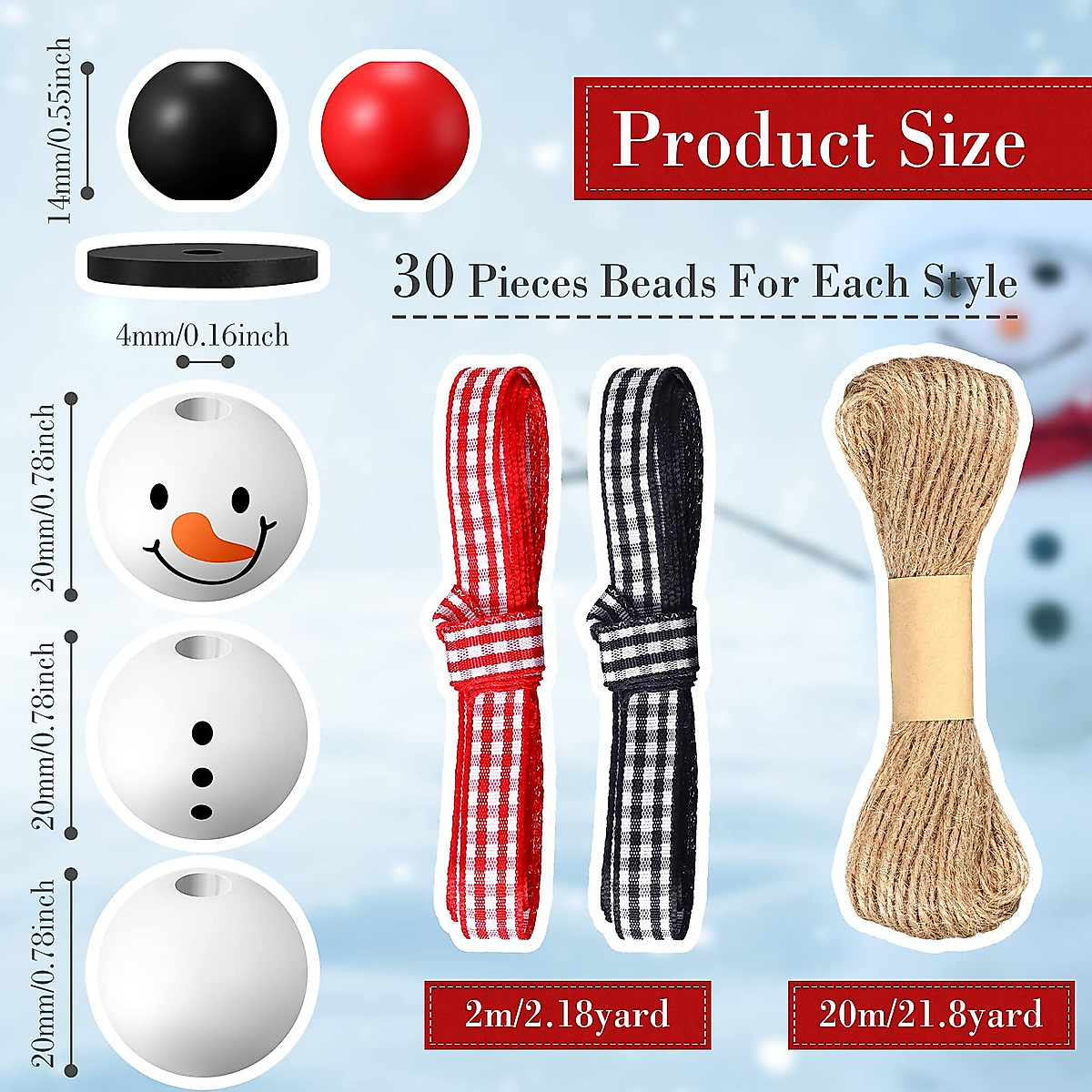 Yulejo 180-Piece Christmas Snowman Buffalo Plaid Wood Round Beads with Twine Scarf - Vivid Colors for Crafts