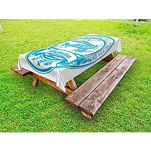 Ambesonne Vintage Airplane Outdoor Tablecloth, South Pole Antarctica Words on Retro Style Blue Stamp Grunge Airplane, Decorative Washable Picnic Table Cloth, 58" X 104", Sky Blue White