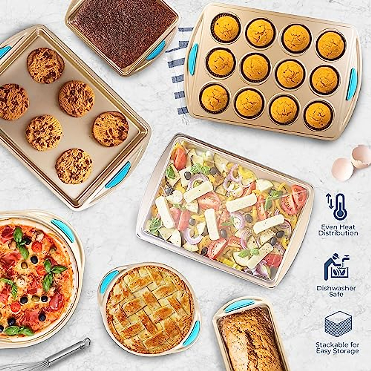 Baking Pan 8 Piece Set Nonstick Gold Carbon Steel Oven Bakeware Kitchen Set with Silicone Handles, Cookie Sheet, Roasting Pan, Lid, Square Pan, Pie Pan, Loaf Pan, Pizza Crisper, Muffin Pan by PERLLI