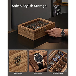 SONGMICS Watch Box, 10-Slot Watch Case, Solid Wood Watch Box Organizer with Glass Lid, Watch Display Case with Removable Pillows, Gift for Loved Ones, Rustic Walnut UJOW100K01