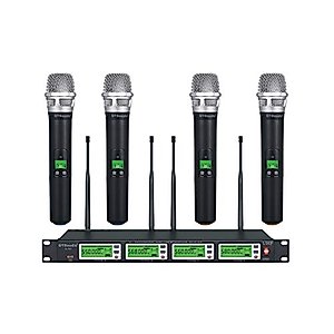 GTD Audio 4x800 Adjustable Channels UHF Diversity Wireless Cordless Handheld Microphone Mic System Ideal for Church, Karaoke, Dj Party, Range 450ft (4 Handheld Mics)