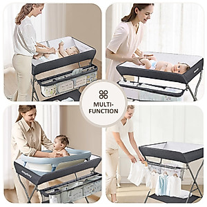 Baby Changing Table with Wheels, Maydolly Portable Adjustable Height Folding Diaper Station with Nursery Organizer & Storage Rack for Newborn Baby and Infant (Dark Grey)