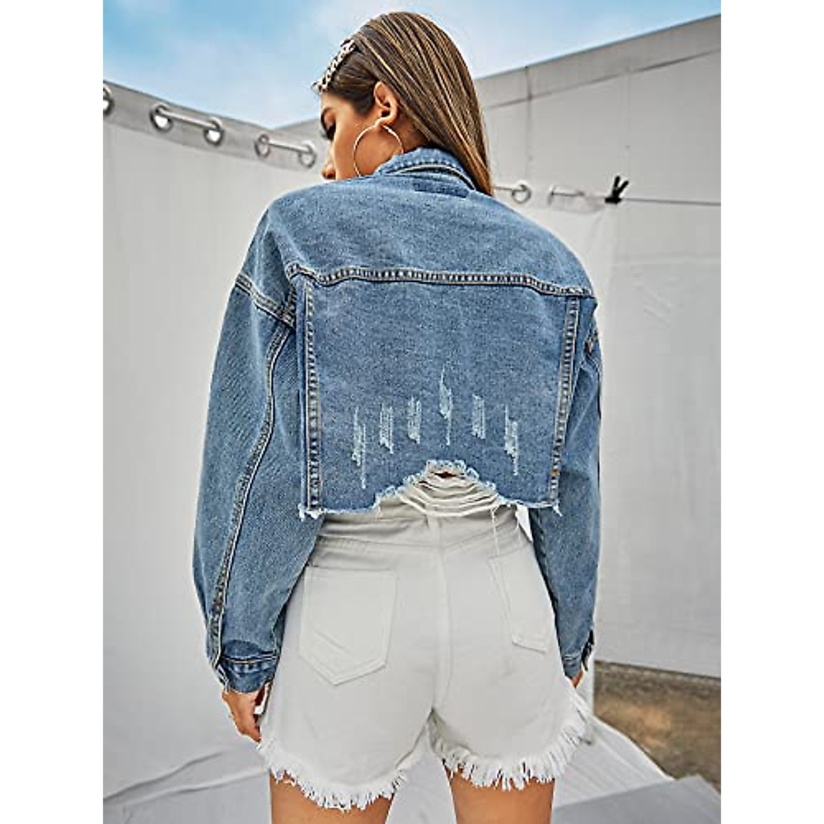 Floerns Women's Casual Drop Shoulder Ripped Crop Denim Jacket Deep Blue M