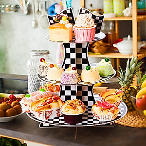 3-Tier Round Cardboard Cupcake Stand, Racing Car Theme Cardboard Cupcake Holder, Car Theme Dessert Display Stand Tower, Black and White Checkered Car Party Decorations Supplies