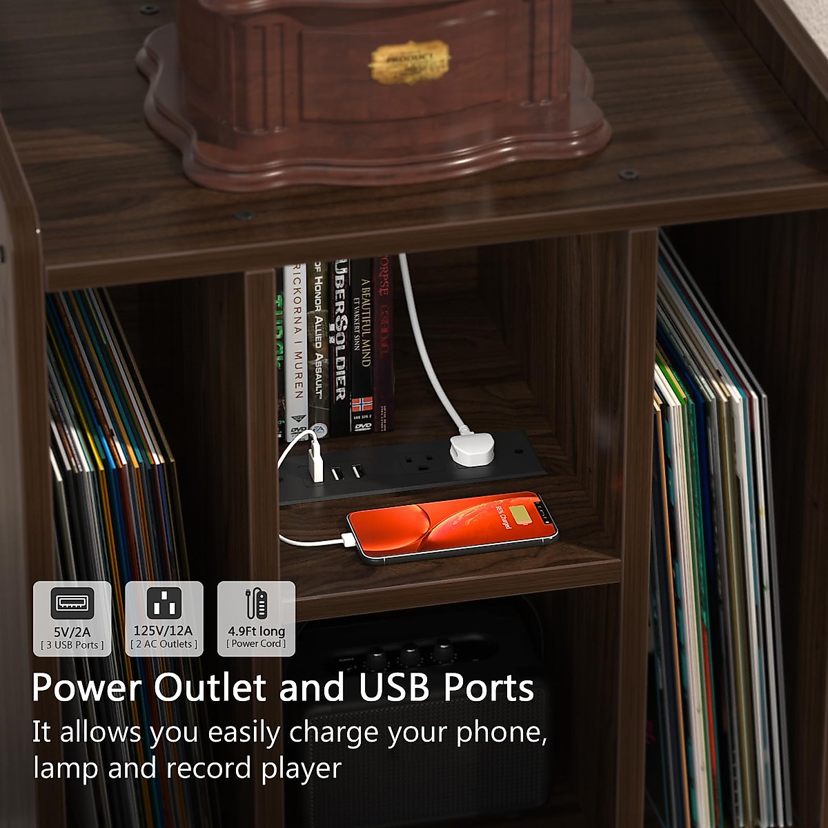 Unikito Record Player Stand, Vinyl Turntable Stand with Power Outlet and USB Charging Port, Sturdy Record Display Table with Storage, Mid Century End Table, Turntable Nightstand, Walnut