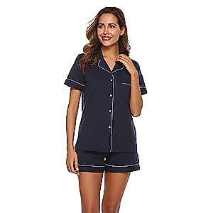 EA'S SECRET Womens Pajamas Set 100% Cotton Soft Short Sleeve Sleepwear Button Down Nightwear Summer Pj Sets S-XXL(Navy Blue,M)
