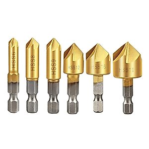 Countersink Drill Bit Set, Aplus HSS Countersink Drill Bit Set Hex Shank HSS Counterbore Reamer Countersink Chamfer Countersink Bit Set 6Pcs 5 Flute 90 ° Meter for Wood 1/4'' 6mm-19 mm