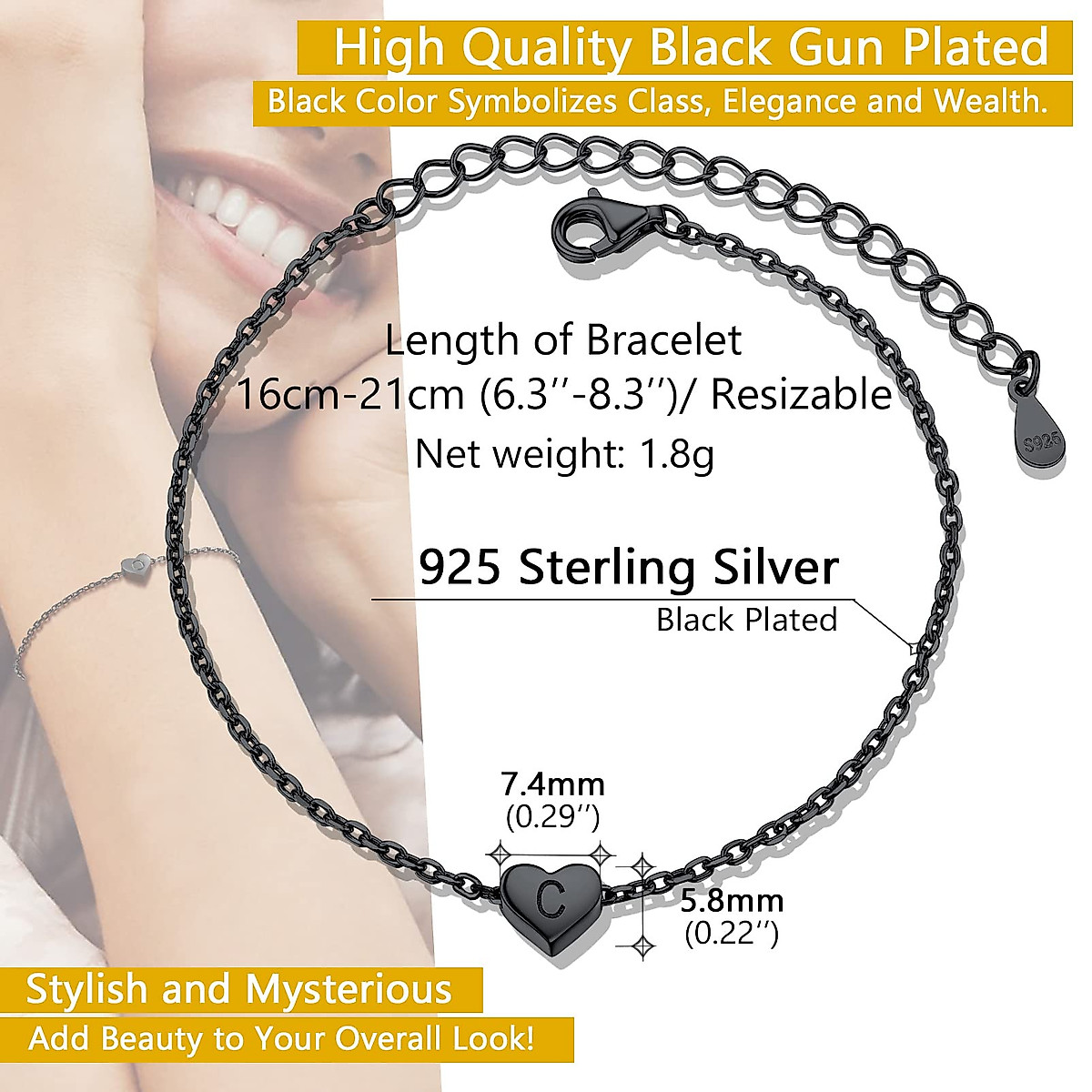 Dainty C Letter Bracelet Cute Jewelry Sterling Silver Thin Chain Heart Initial Bracelets for Women