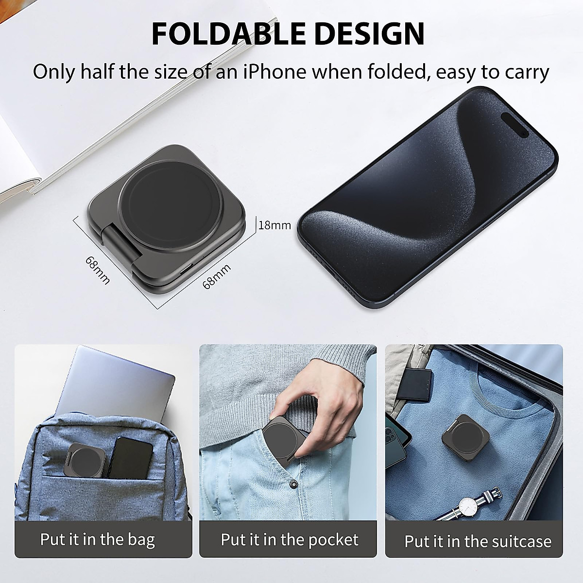 2 in 1 Foldable Mini Travel Wireless Charger Stand for Apple, KUXIU Aluminum Alloy Magnetic Charging Station Compatible with iPhone 15/14/13/12Pro/Max, 5W Fast Charging Watch 9/8/7/Ultra2, AirPods Pro