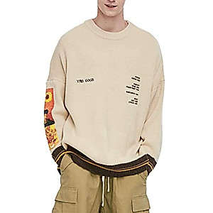 Aelfric Eden Van Gogh Sweater Oversized Pullover Sweater Cable Knit Sweater Men Graphic Sweater Beige