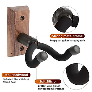 VEINTICO Guitar Wall Hanger, Guitar Wall Mounts 2 Pack, Guitar Hanger Hook Bracket Holder for Acoustic and Electric Guitars Bass Banjo Mandolin, Black Walnut Wood base