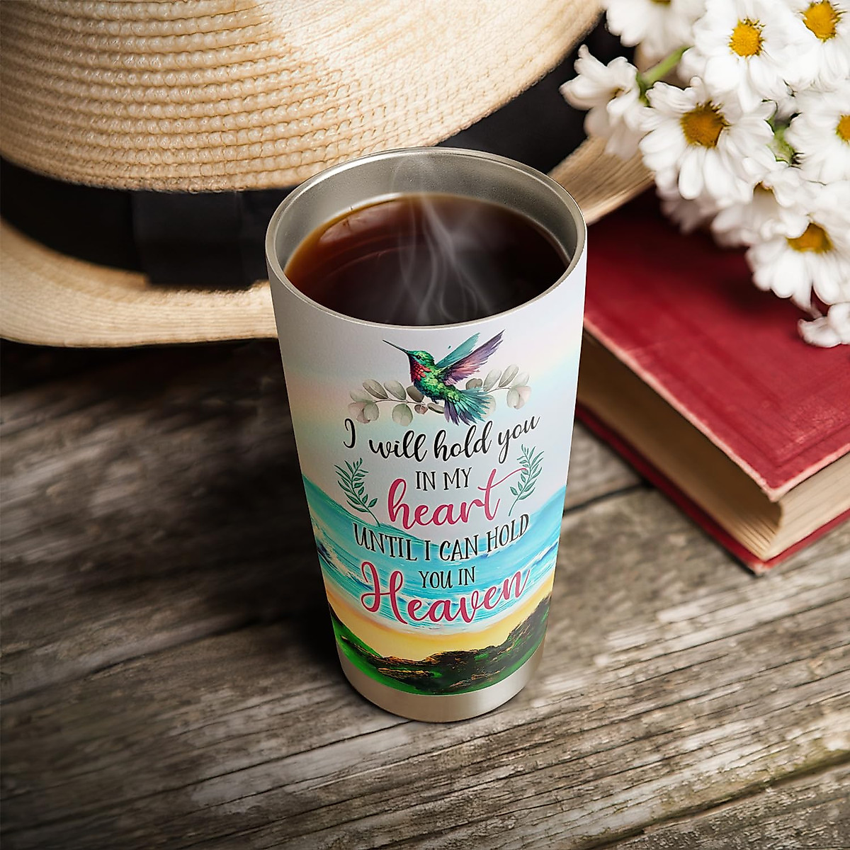 20oz Faith Hummingbird Tumbler, Memorial Heaven Stairway Hold You in my Heart, Coffee Thermos for Women, Stainless Steel Double Wall Vacuum Insulated Coffee Mug, Travel Cup with Lid