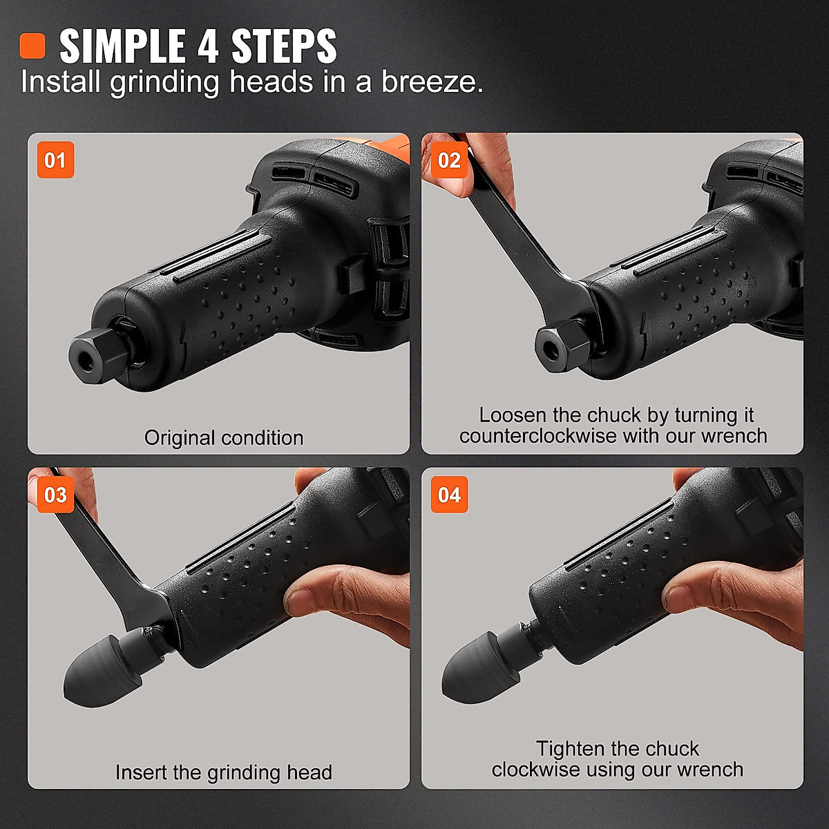VEVOR Die Grinder, 1/4" Collet Variable Speed (10000-28000RPM), Heavy Duty Electric, Ergonomic Grip for Rust Removal, Grinding, Cutting, Polishing, Welding Repair, Deburring, with 1/4" & 1/8" Collets