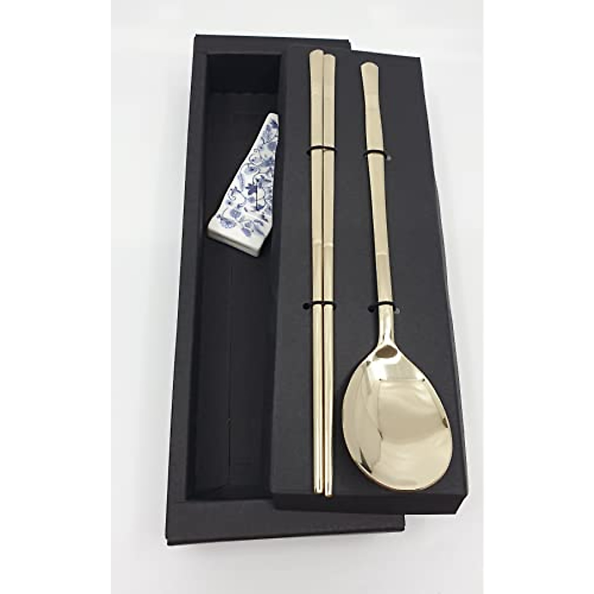 Korean Chopsticks Spoon 2 Set - METAL STAINLESS STEEL Titanium Plating -Printed Hangul Characters (Bamboo-Gold 1set)
