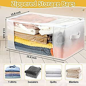 9 Pcs Clear Zippered Storage Bags Fabric Blanket Organizer Plastic Clothes Containers Large Storage Bins with Handle for Bedding Closet Sheets Toys, White, 25.6 x 13.8 x 11.8 Inch